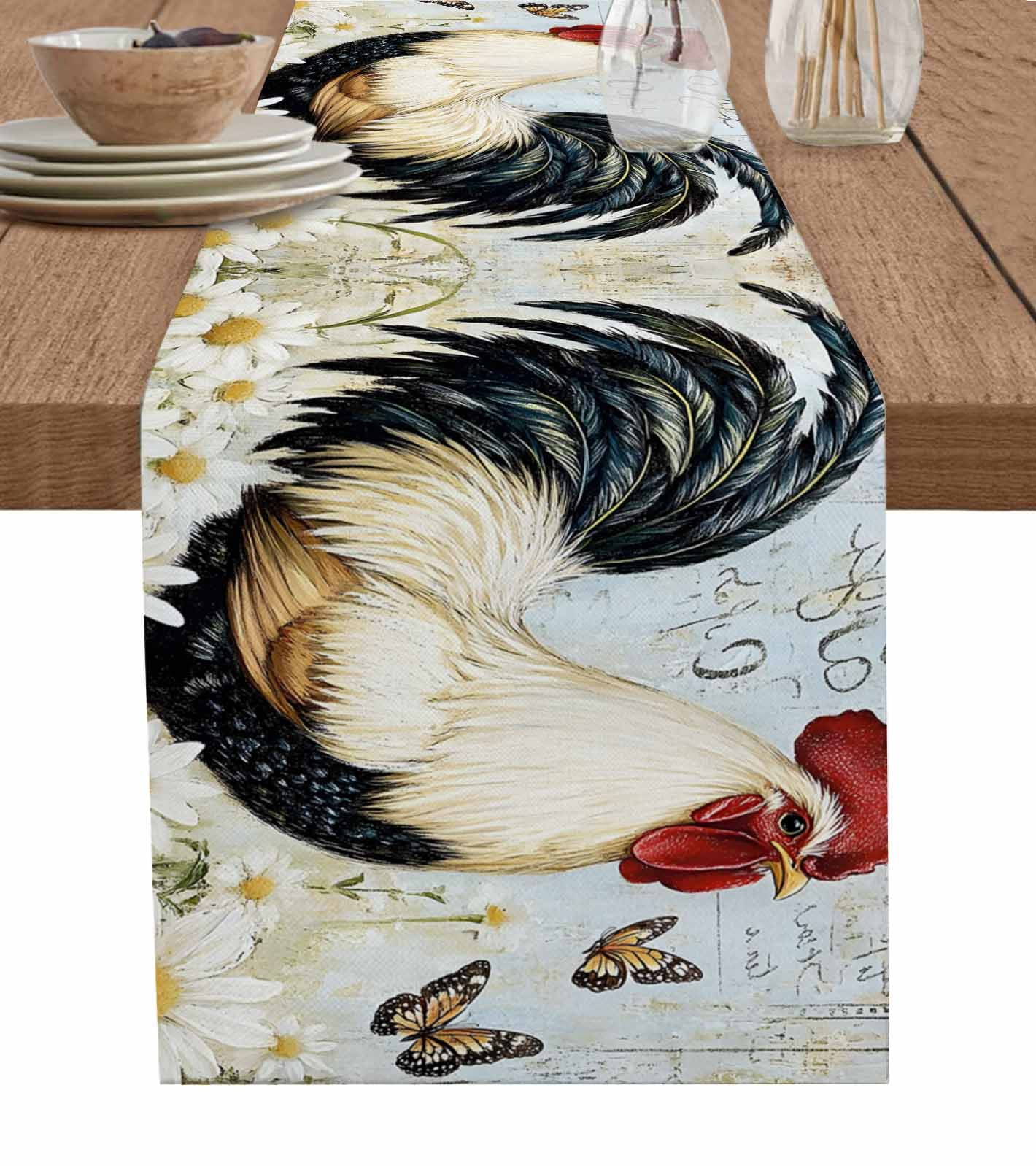 White Vintage Rooster Burlap Cotton Table Runner 14x72 Inches Long ...