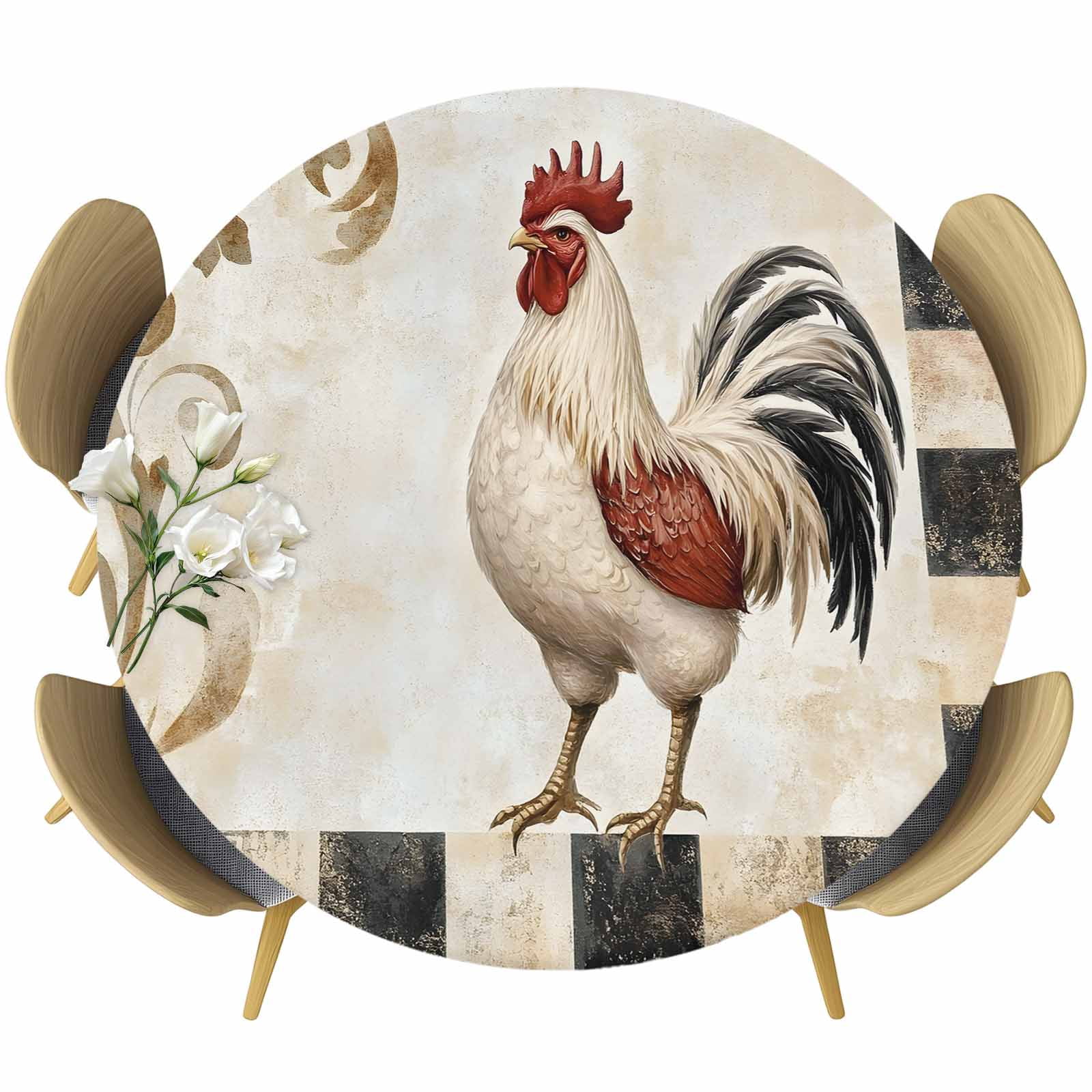 White Vintage Rooster Round Tablecloth 55-60 Inch Round Fitted Table ...