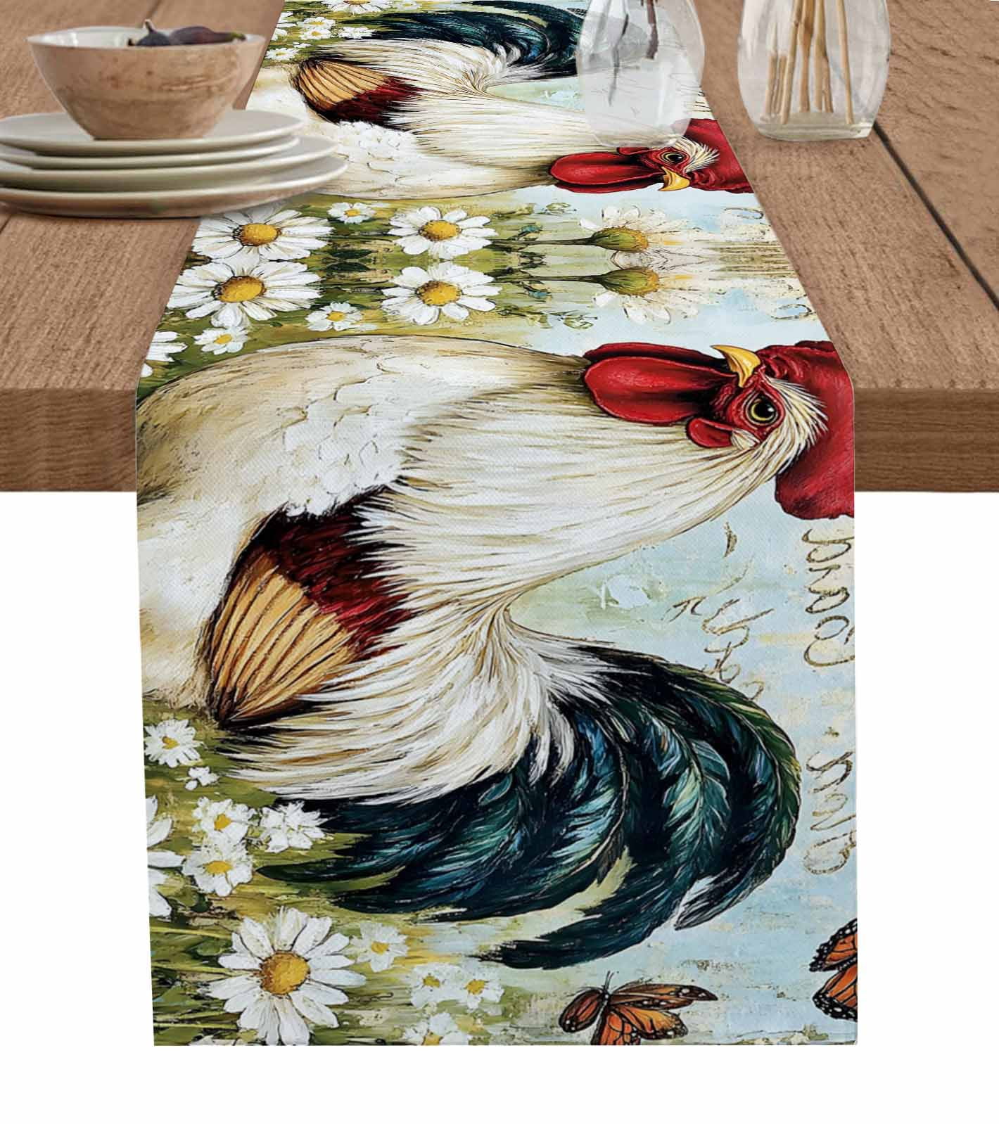 White Vintage Rooster Table Runner 70 Inches, Spring Floral Pastoral ...