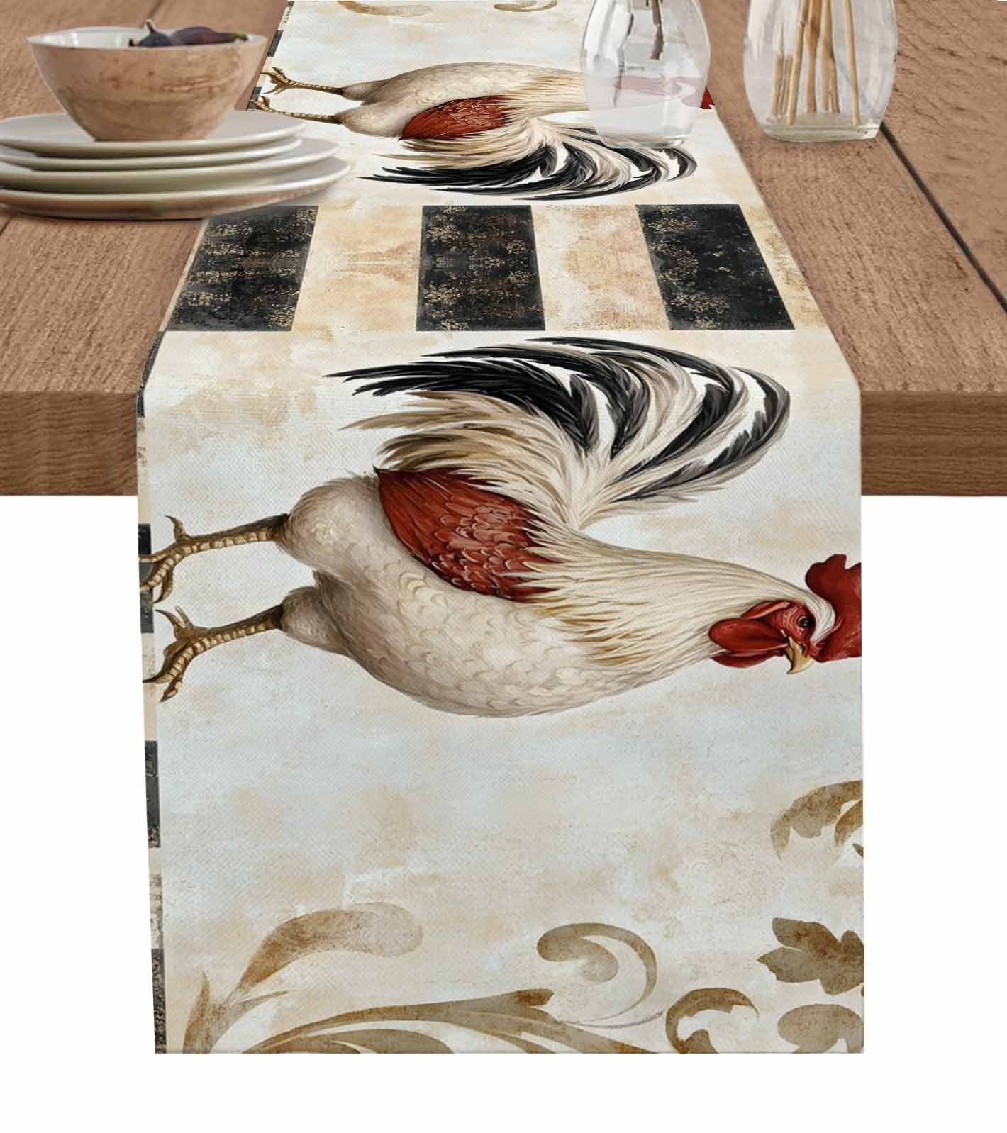 White Vintage Rooster Table Runner 70 Inches, Watercolor Farmhouse ...
