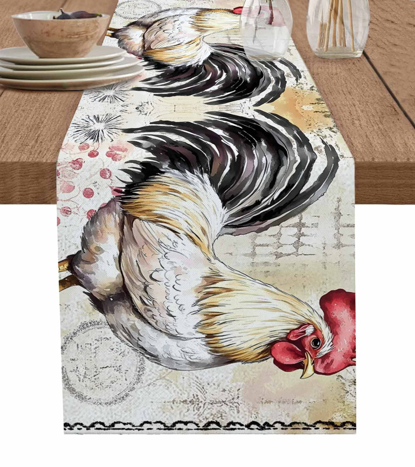 White Vintage Rooster Table Runner 90 Inches, Watercolor Pastoral ...