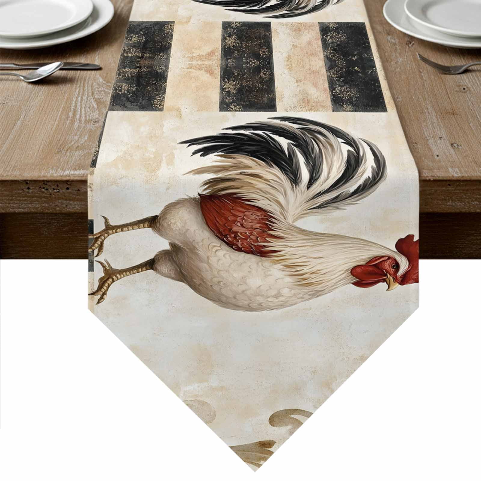 White Vintage Rooster Table Runner Linen Burlap Table Runner 70 Inches ...