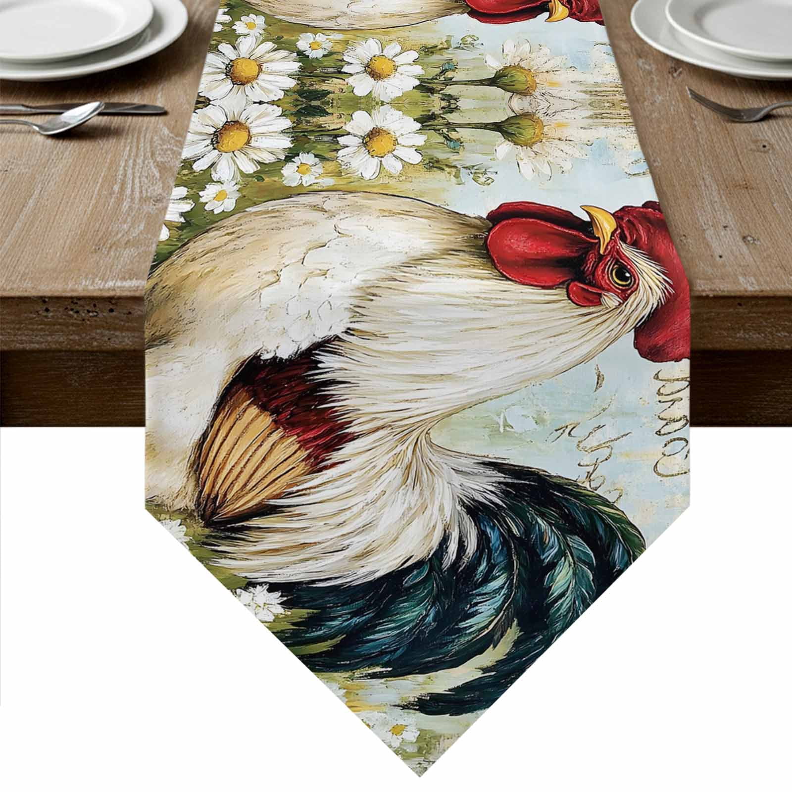 White Vintage Rooster Table Runner Linen Burlap Table Runner 72 Inches ...