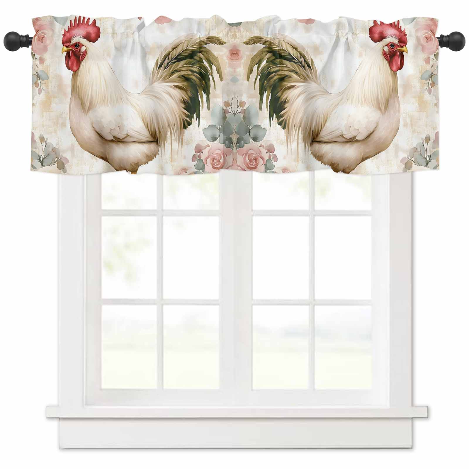 White Vintage Rooster Valances for Windows Farmhouse Kitchen Curtains ...