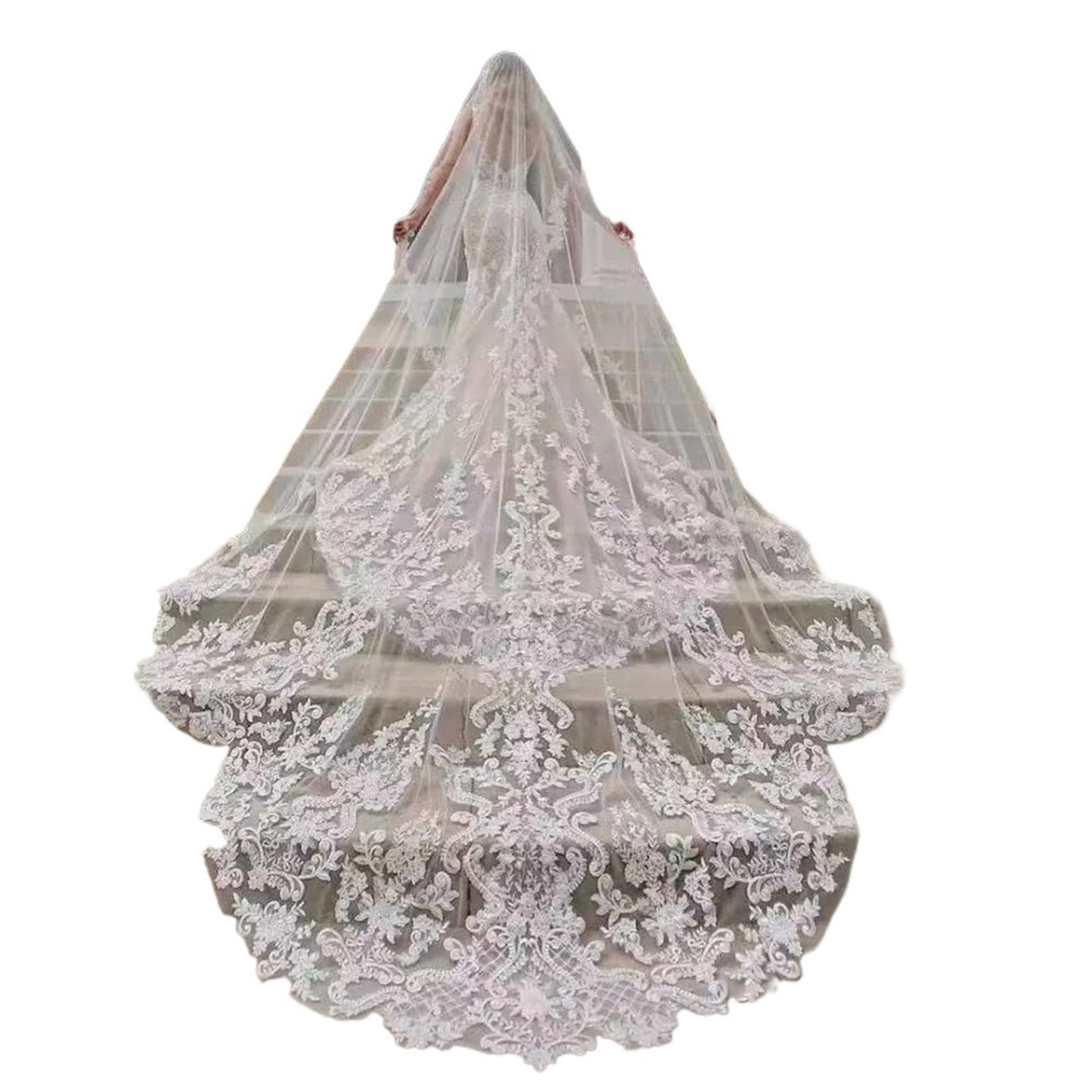 White Vintage Wedding Veil with Comb - Royal Cathedral Length Bridal ...