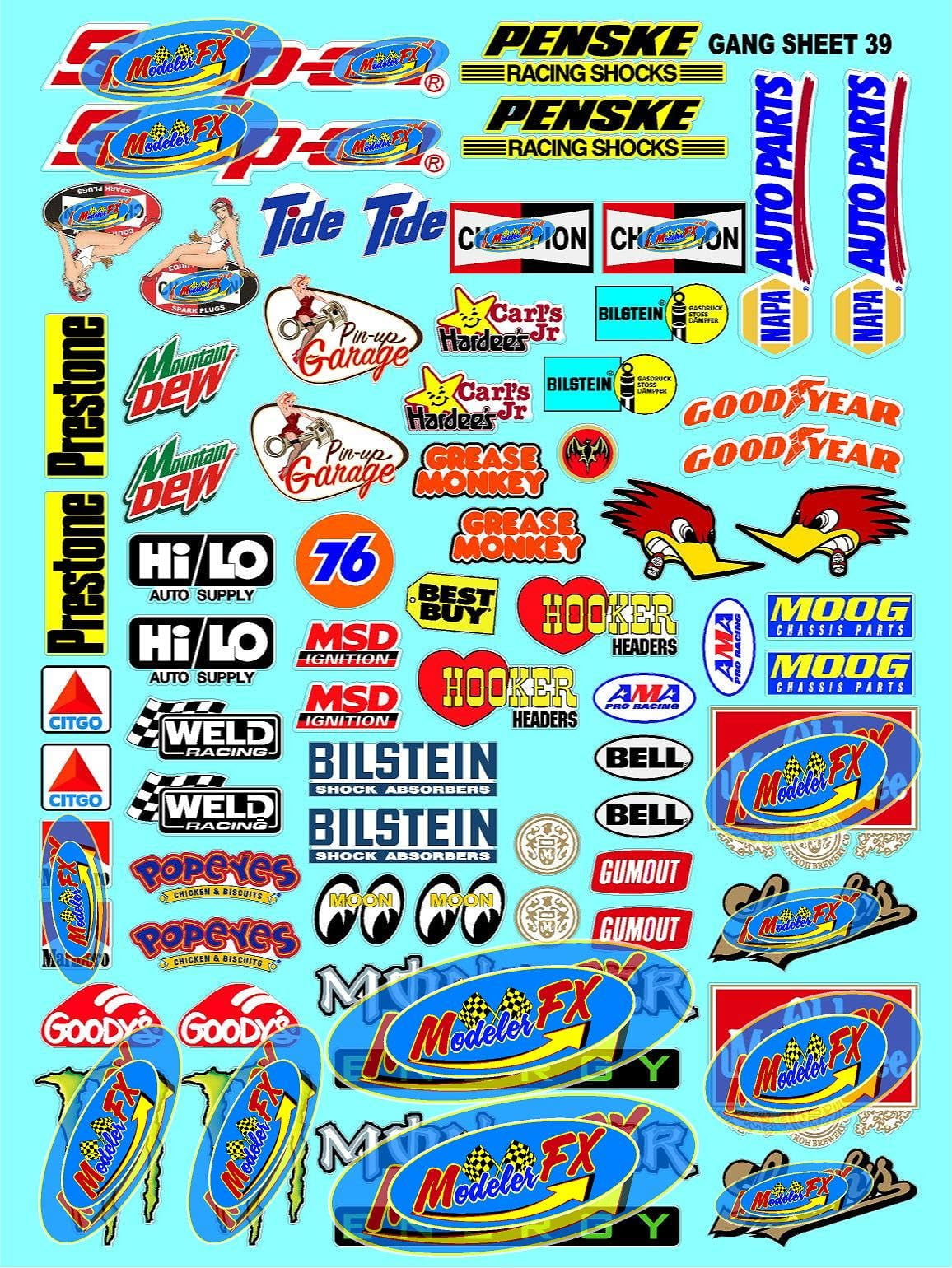 White Vinyl R/C Racing Sponsor Sticker Gang Sheet 39-1/24-1/16th Scale ...
