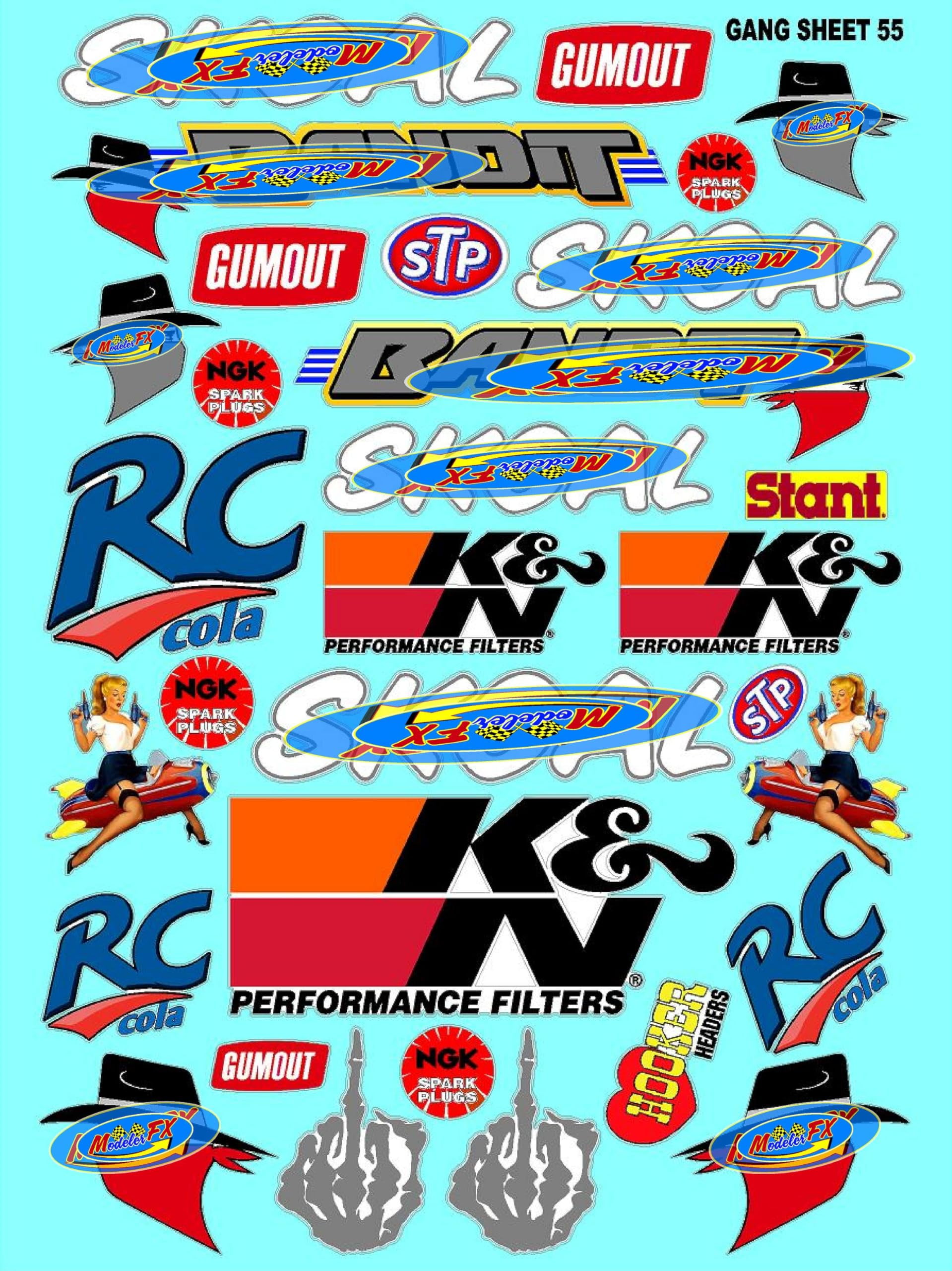White Vinyl R/C Racing Sponsor Sticker Gang Sheet 55-1/8th 1/10th Scale ...