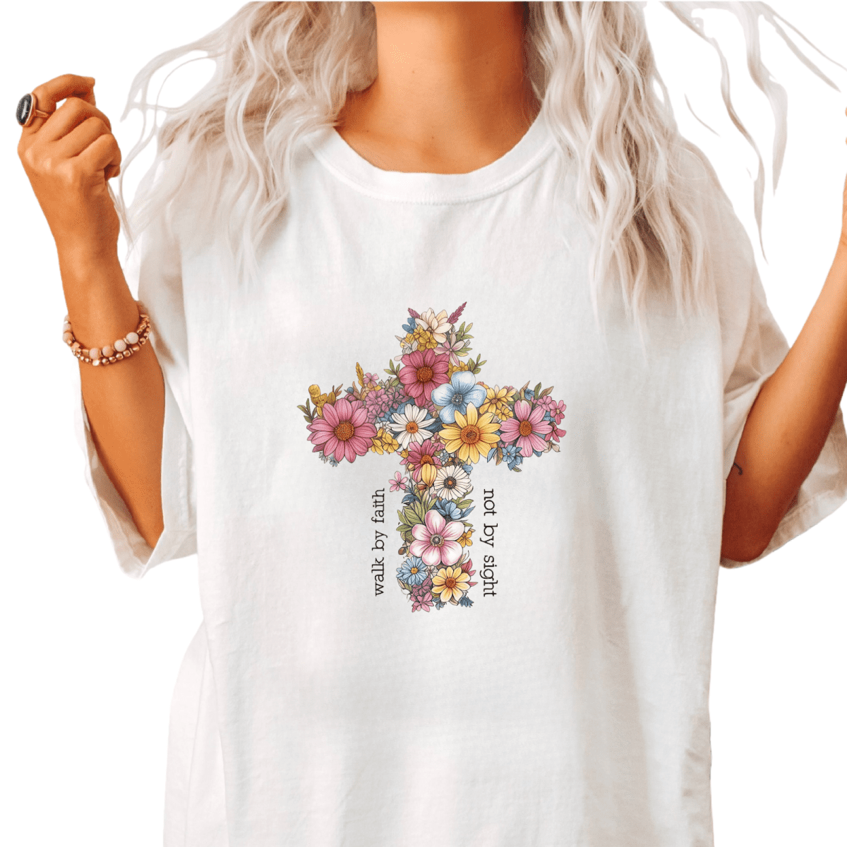 White Walk By Faith Not By Sight Floral Cross T-Shirt Christian ...
