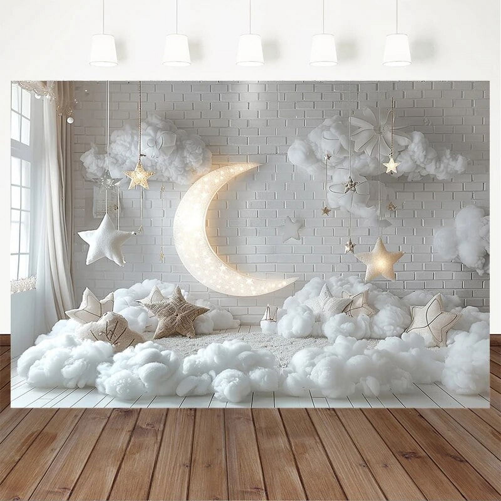 White Wall Backdrop For Photography Moon Stars Cotton Baby Shower ...