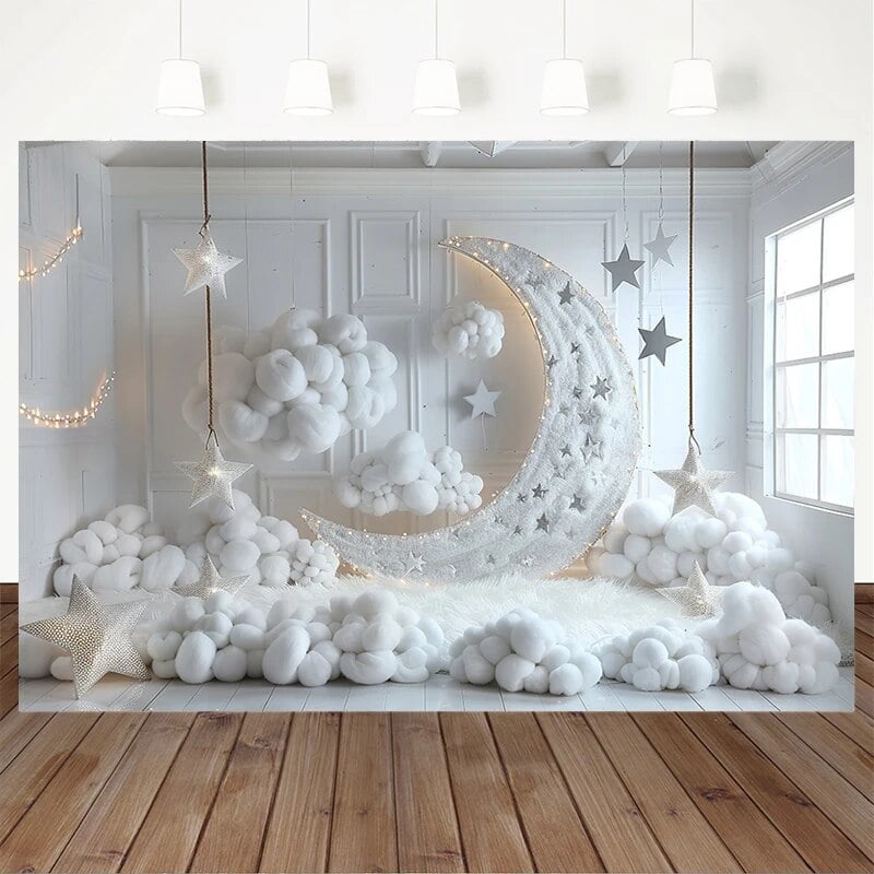 White Wall Backdrop For Photography Moon Stars Cotton Baby Shower ...