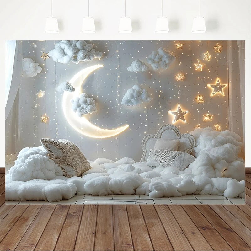 White Wall Backdrop For Photography Moon Stars Cotton Baby Shower ...
