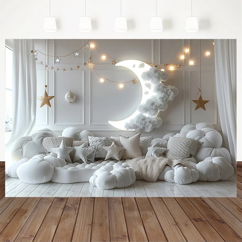 White Wall Backdrop For Photography Moon Stars Cotton Baby Shower ...
