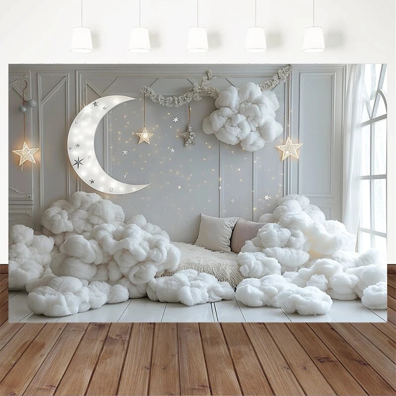 White Wall Backdrop For Photography Moon Stars Cotton Baby Shower ...