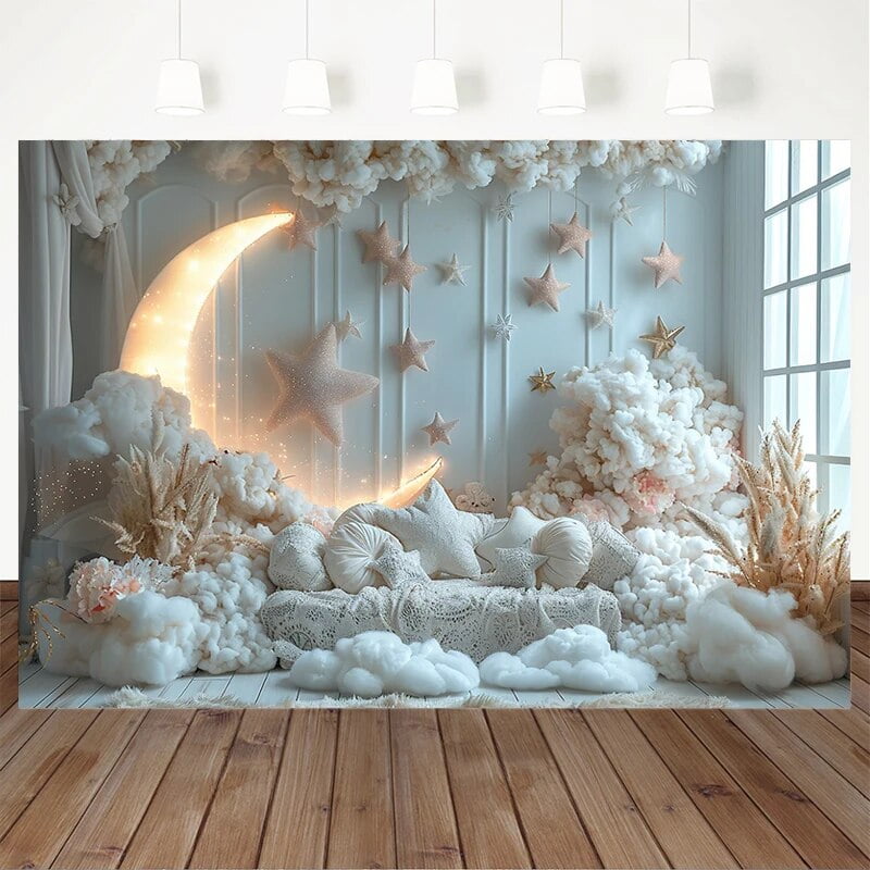 White Wall Backdrop For Photography Moon Stars Cotton Baby Shower ...