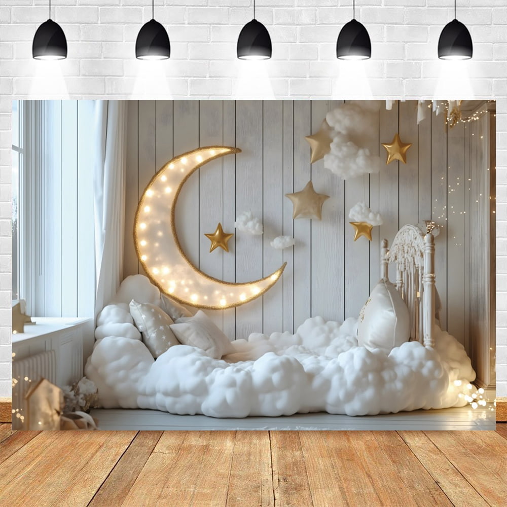 White Wall Backdrop for Photography Moon Stars Baby Shower Kids ...