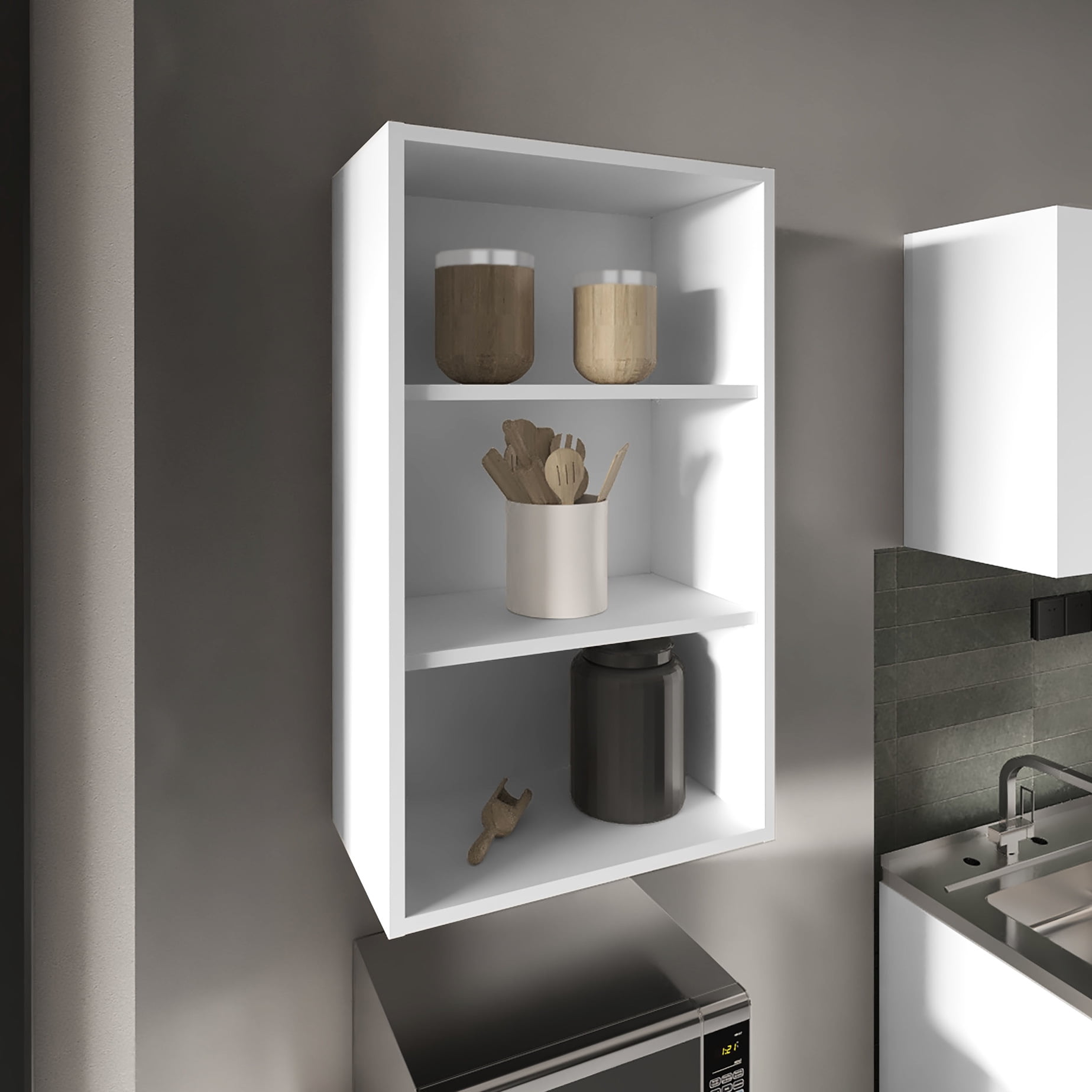 White Wall Cabinet 36" High - 3 Shelves For Storage, Compact Kitchen ...