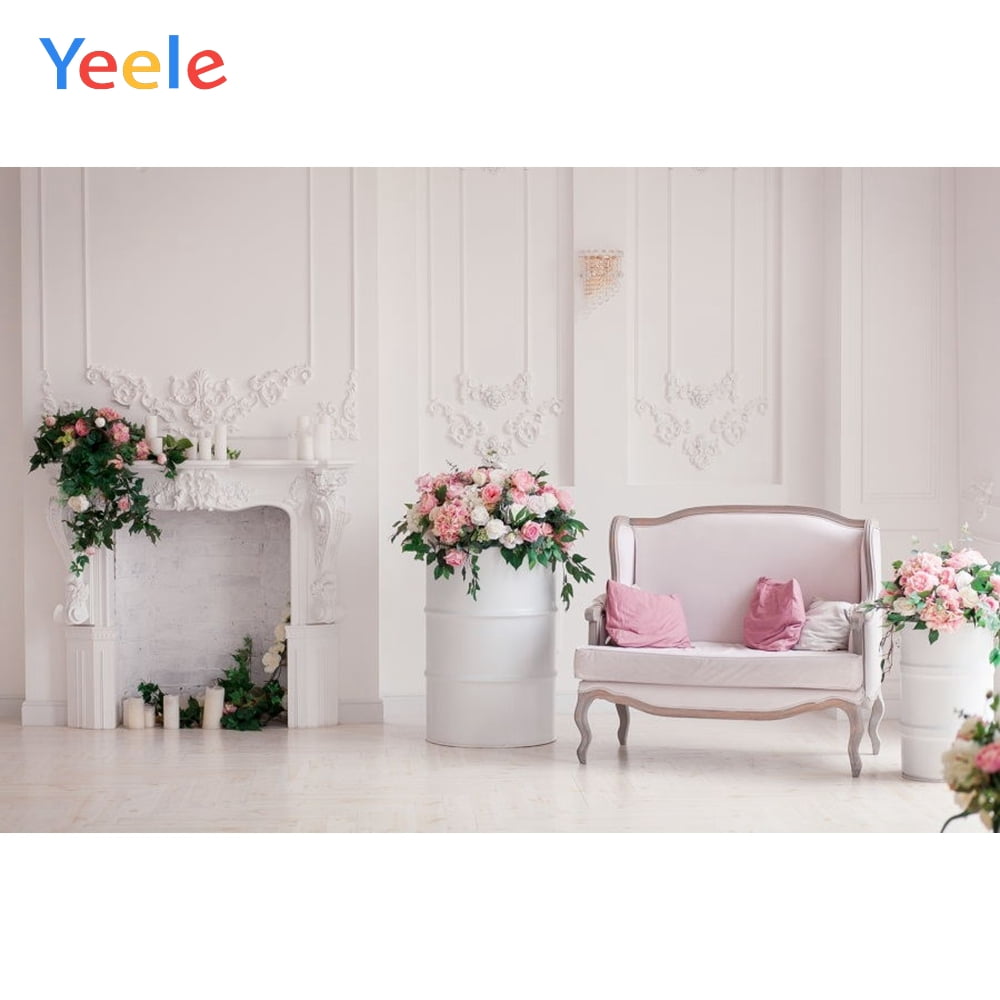 White Wall Flower Living Room Fireplace Interior Wedding Backdrop ...