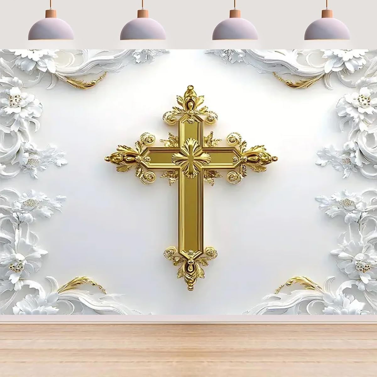 White Wall Golden Holy Cross Backdrop First Holy Communion Christening ...