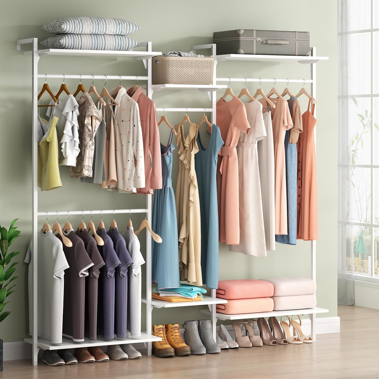 White Wall Mount Clothes Rack with 4 Hanging Rods, Clothing Rack with 6 ...