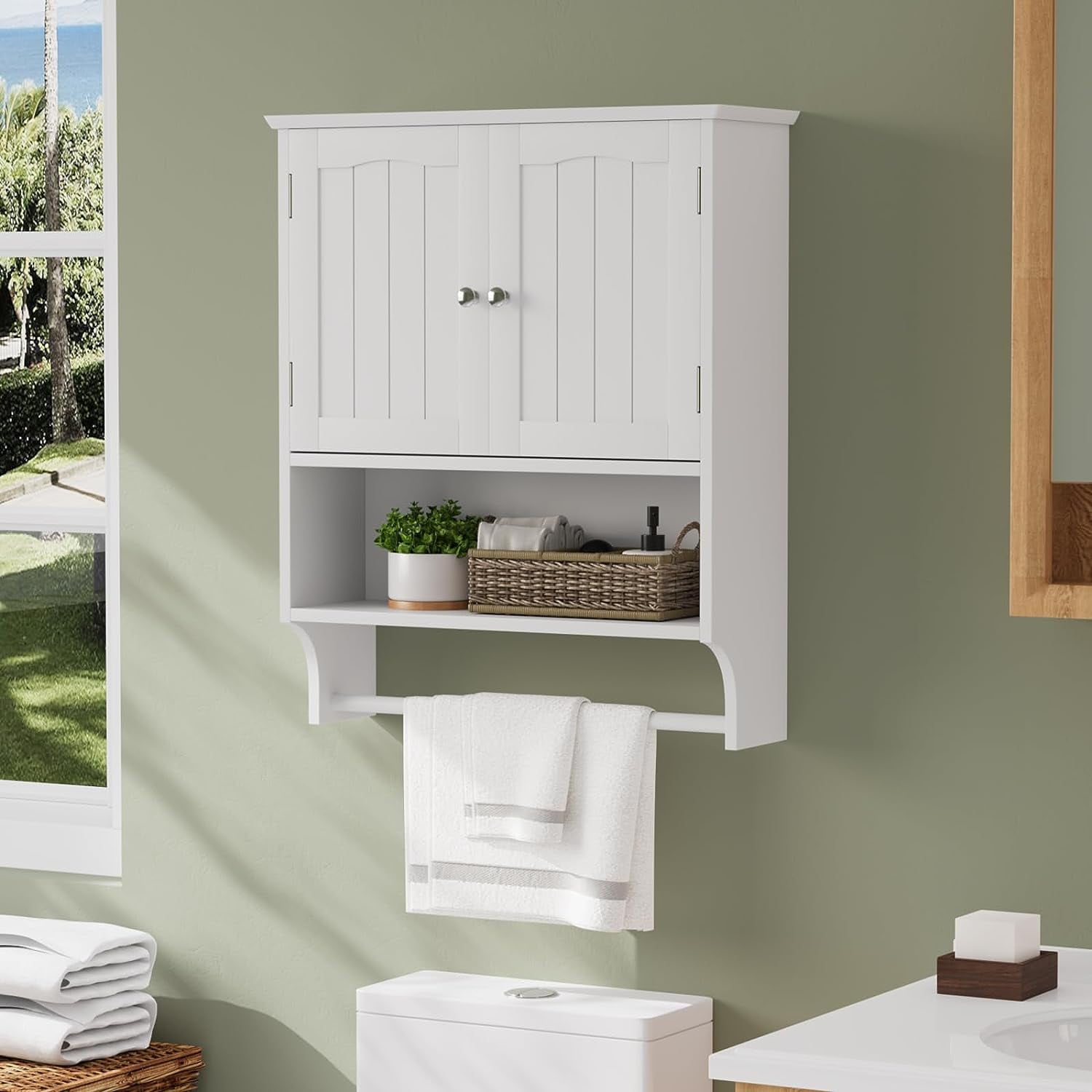 White Wall Mounted Bathroom Cabinet with Towel Bar - Adjustable Shelves ...