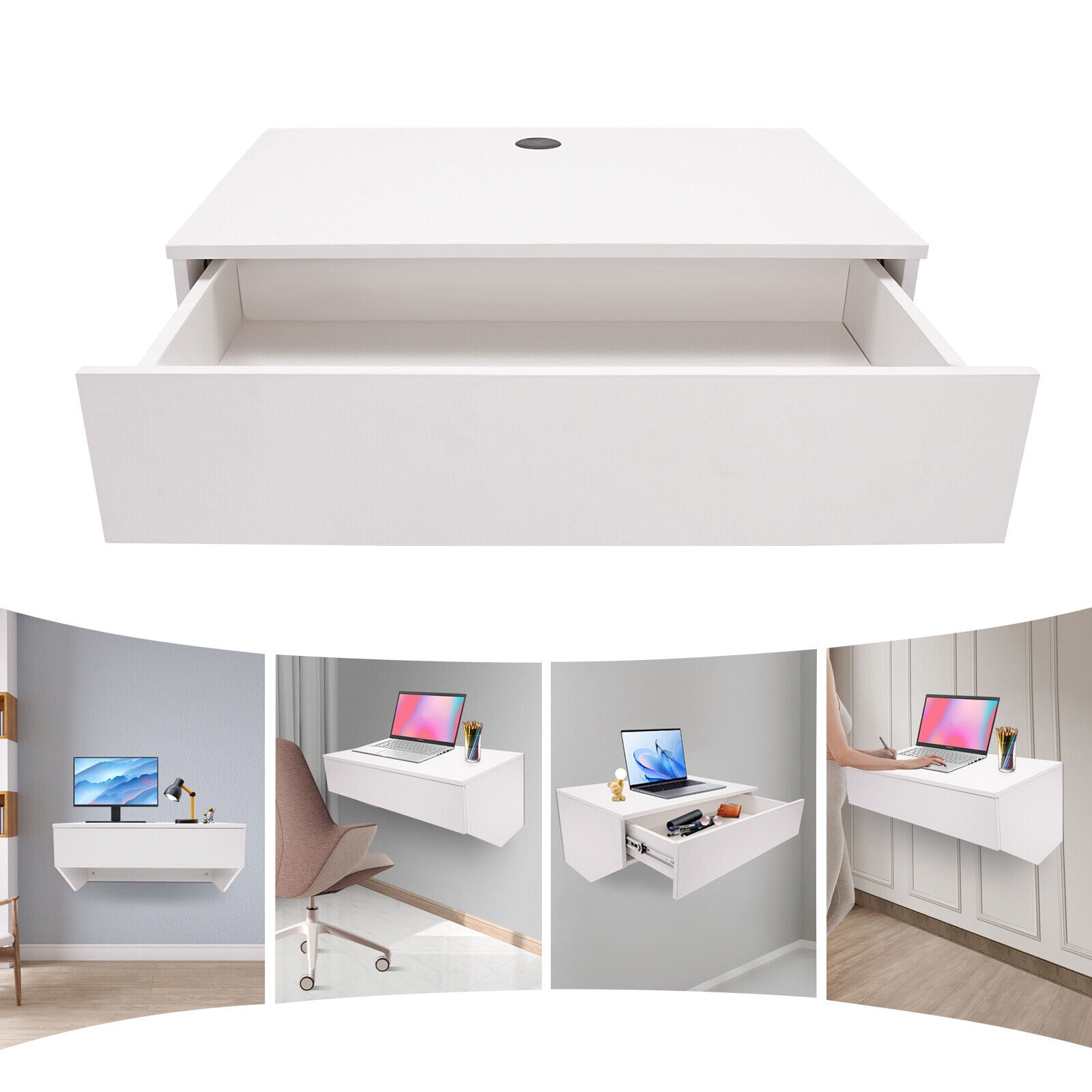 White Wall Mounted Desk 28.4*19.2 Inch Pull Out Drawer, Floating Wall ...
