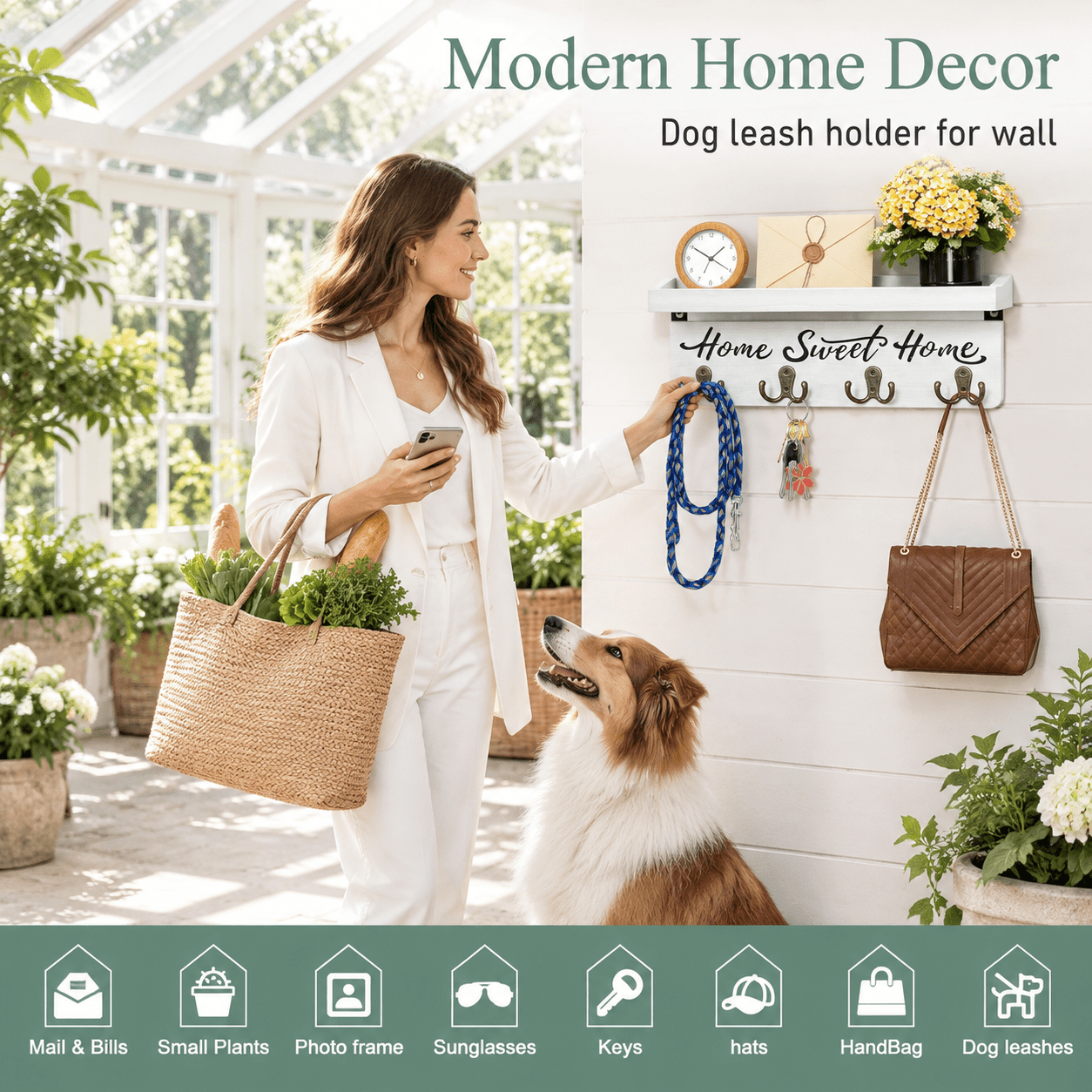 White Wall Mounted Key Holder With 8 Metal Hooks and Home Sweet Home ...