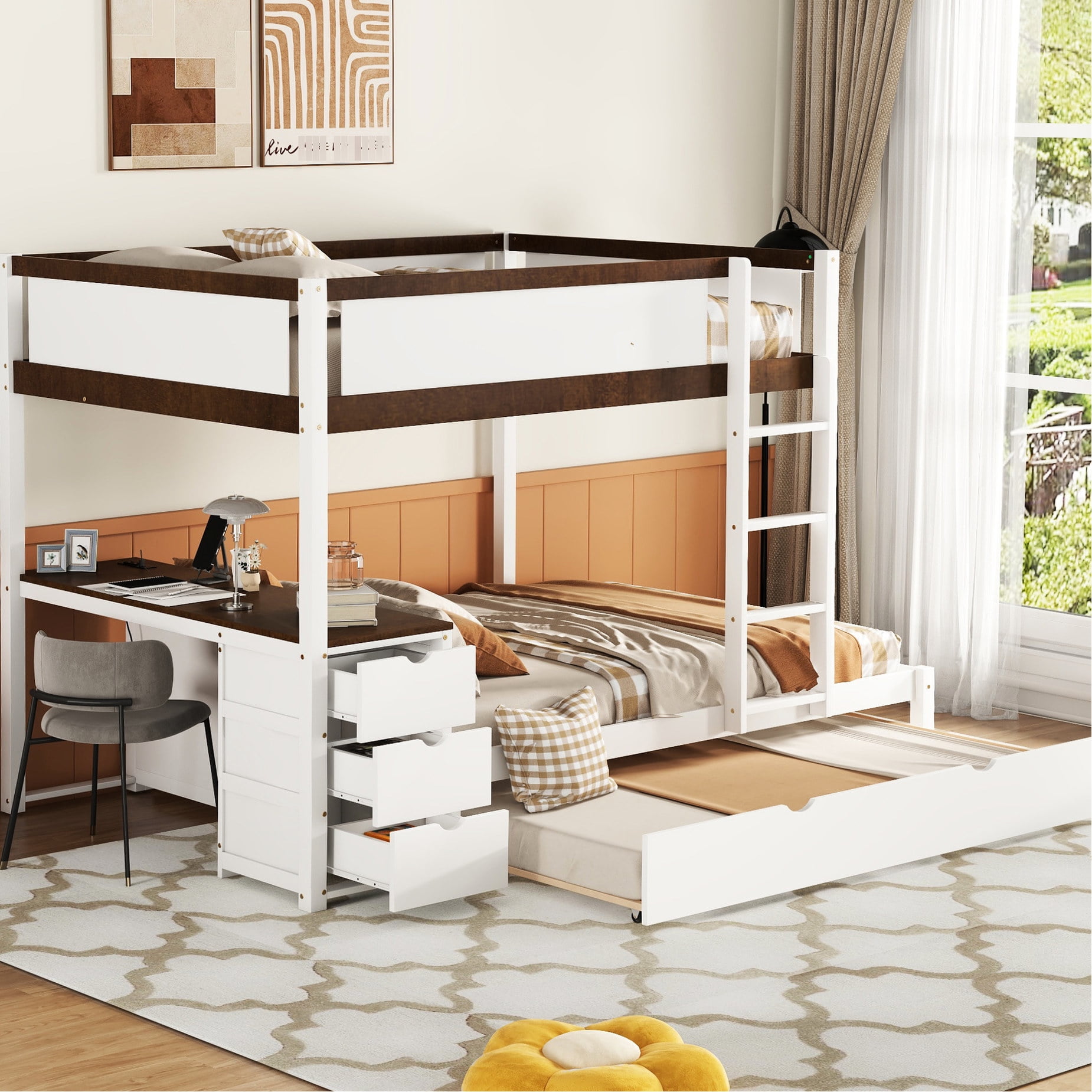 White+Walnut Bunk Bed with USB Outlets and Desk - Facilitate Electronic ...