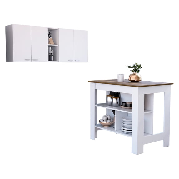 White Walnut Kitchen Set - 7 Shelves 4 Doors, Kitchen Island & Wall ...