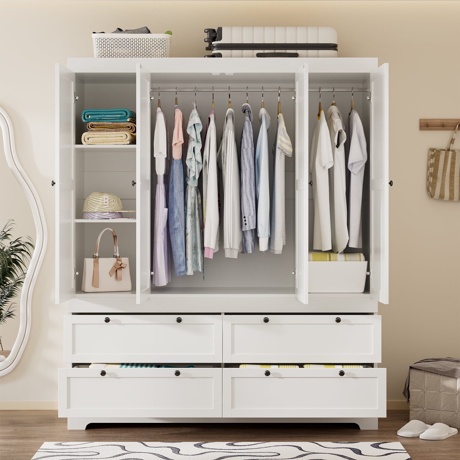 White Wardrobe Closet with Doors: 73.2" Large Capacity Bedroom Armoire ...