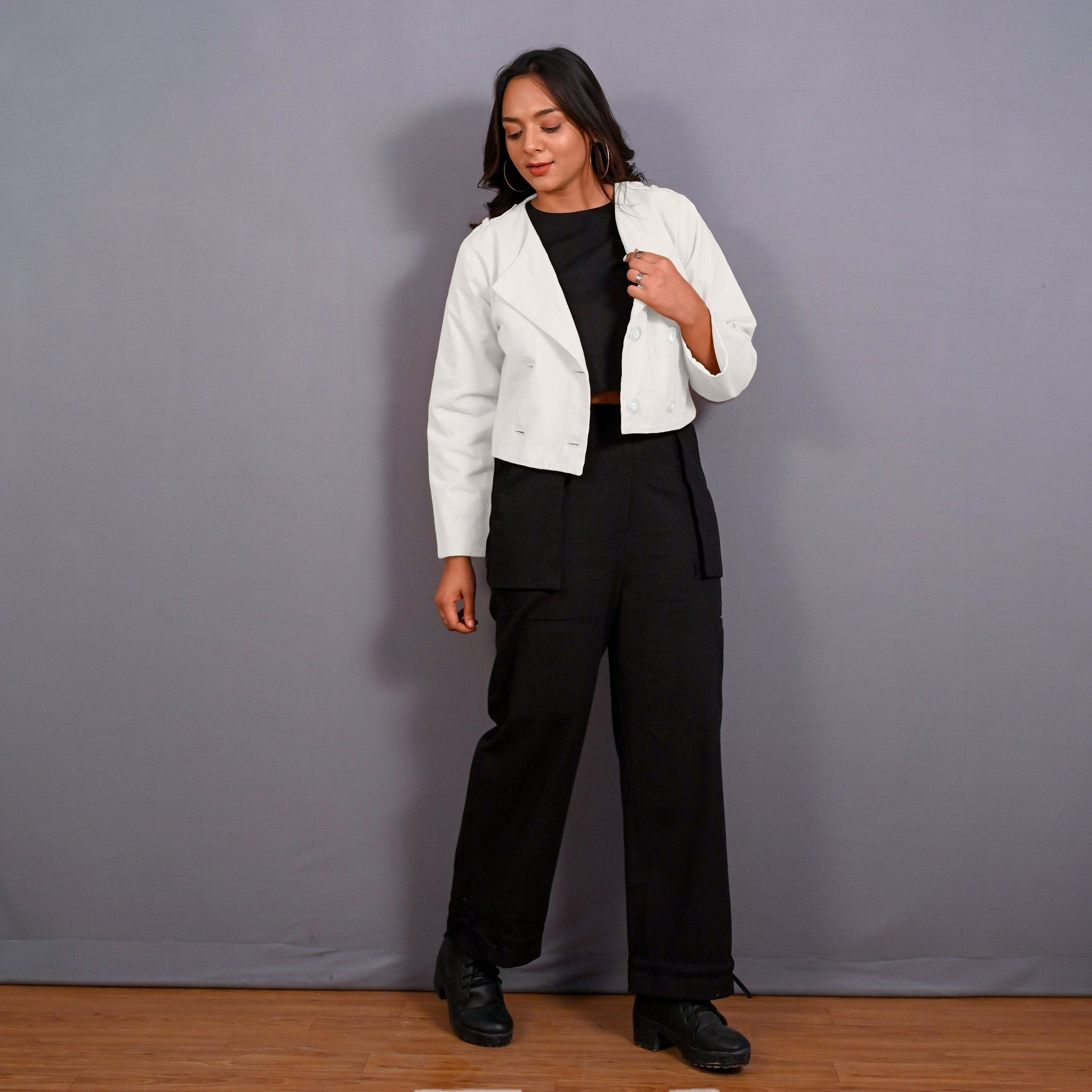 White Warm Cotton Flannel Double-Breasted Button-Down Shacket - Walmart.com