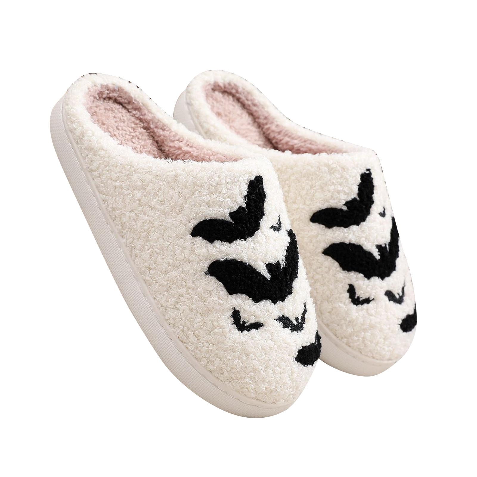 White Warm Halloween Bat Embroidery Design Slippers For Couples With ...