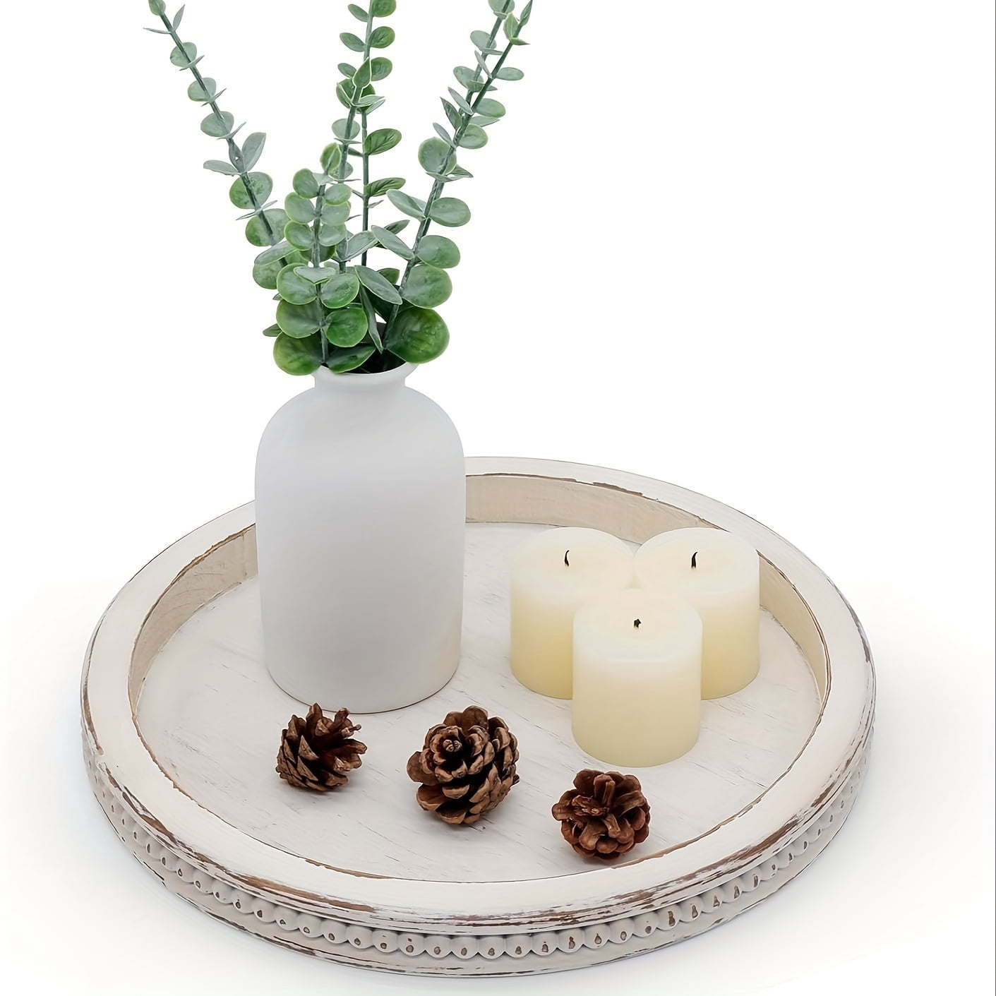 White Washed Bead Round Tray: Decorative Serving Tray for Coffee Table ...