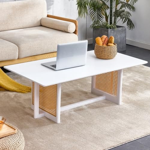 White Washed Coffee Table - Rectangular Solid Wood & Rattan, Farmhouse ...