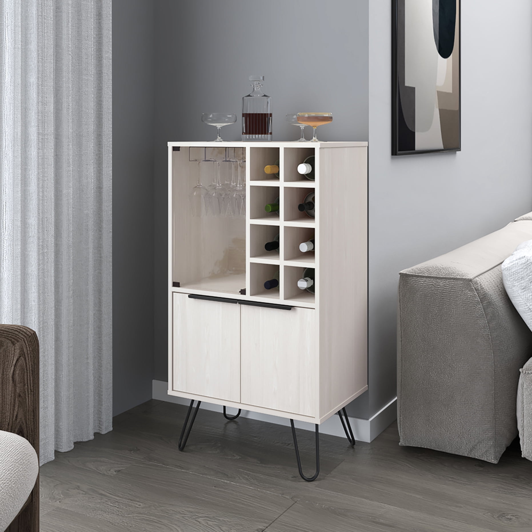 White Washed Oak Bar Cabinet For Living Space. Bottle Storage With 8 ...