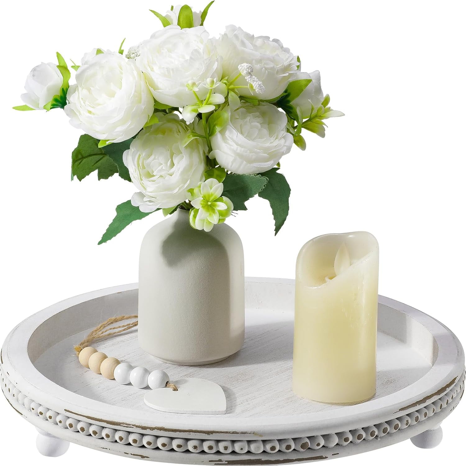 White Washed Round Wooden Tray, Beaded Tray for Coffee Table Decor ...