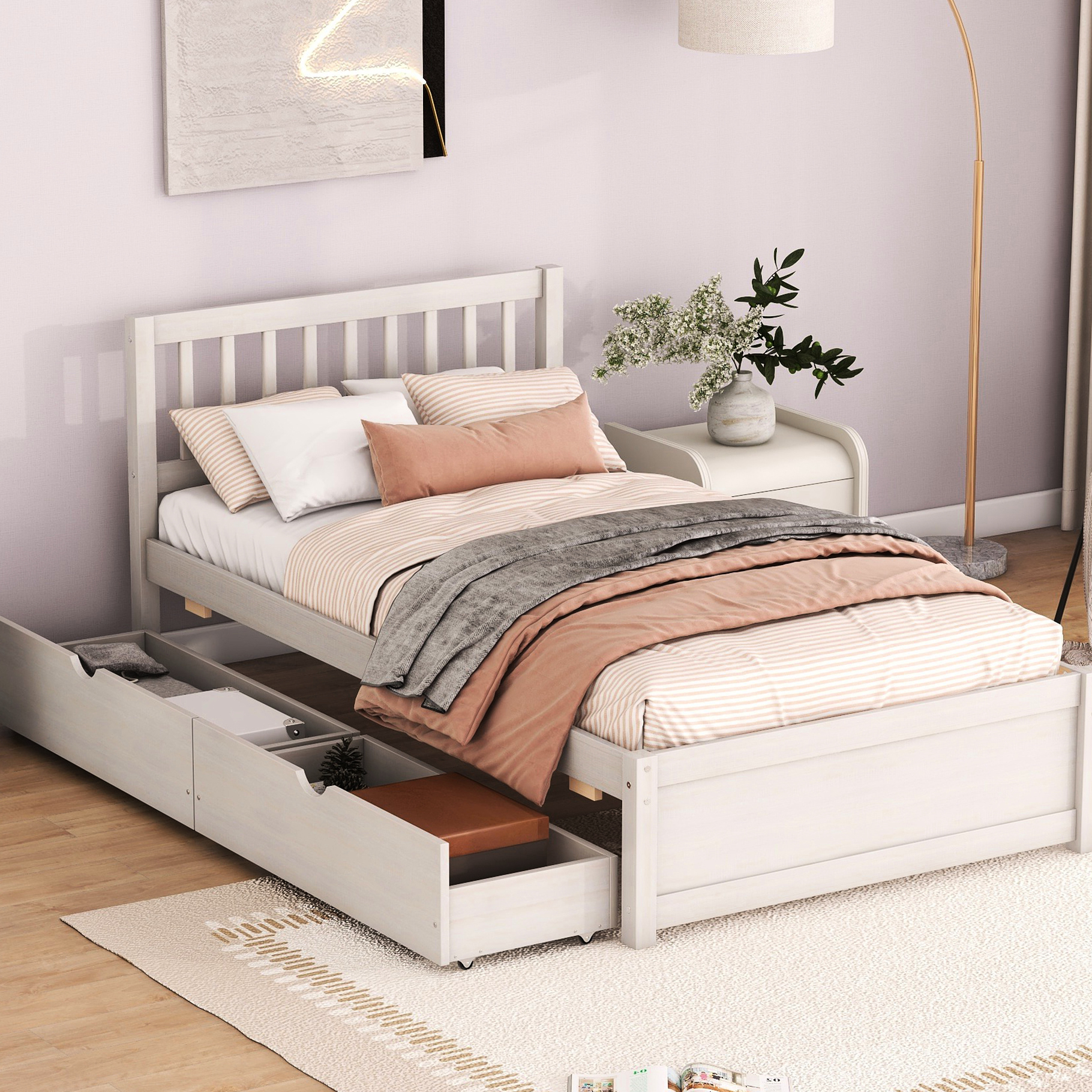White Washed Twin Bed With 2 Spacious Drawers - Made Of Robust ...