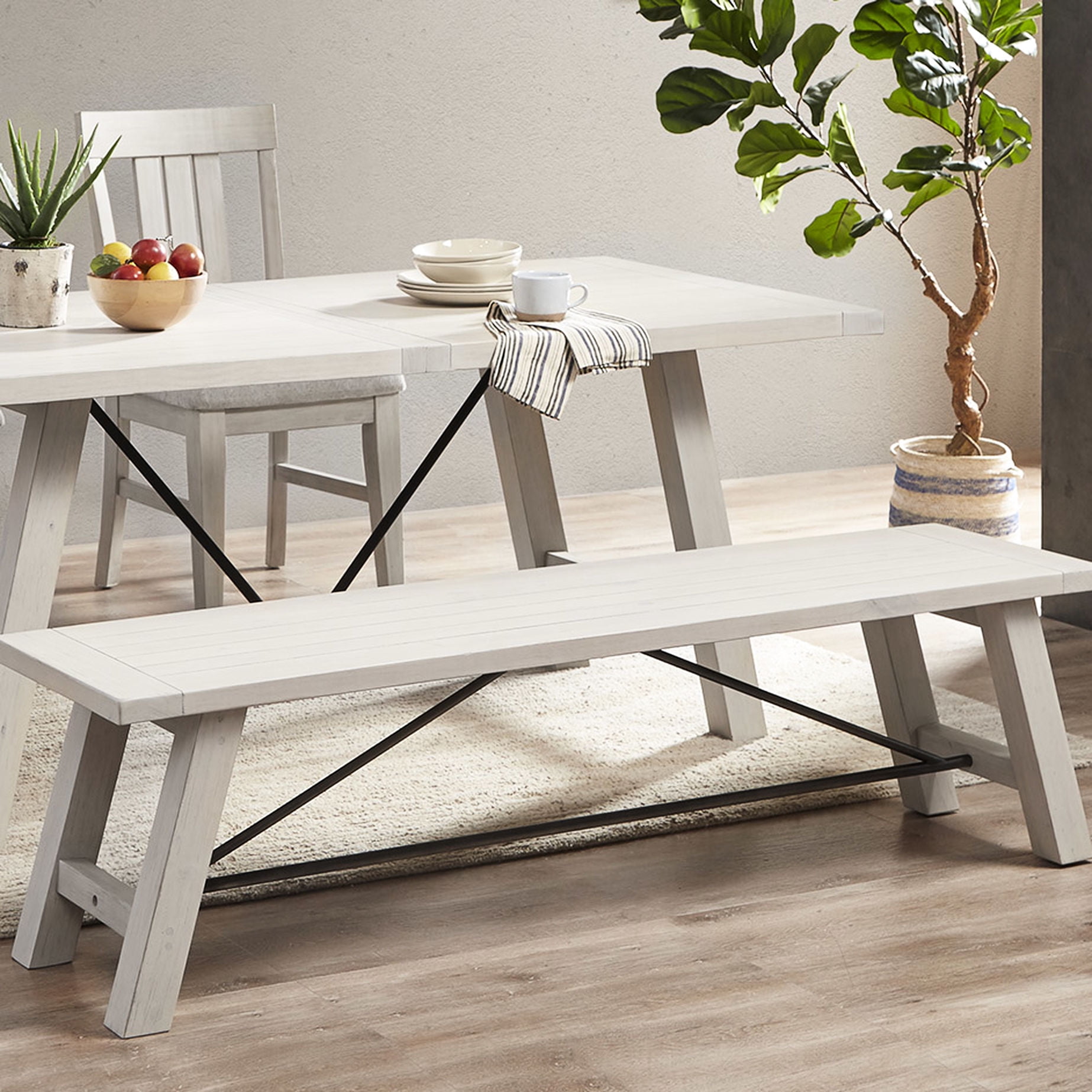 White - Washed Wood Bench+Metal Reinforcement"-"Daily Dining/Festive ...