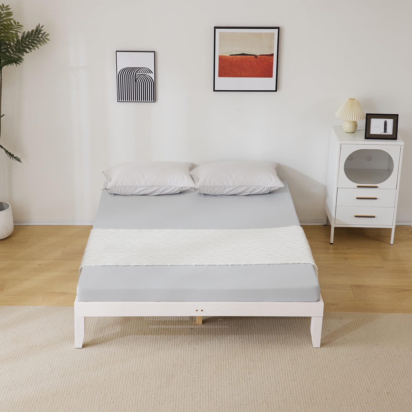 White Washed Wooden Queen Bed Frame with 206*151*30.5cm Dimensions ...