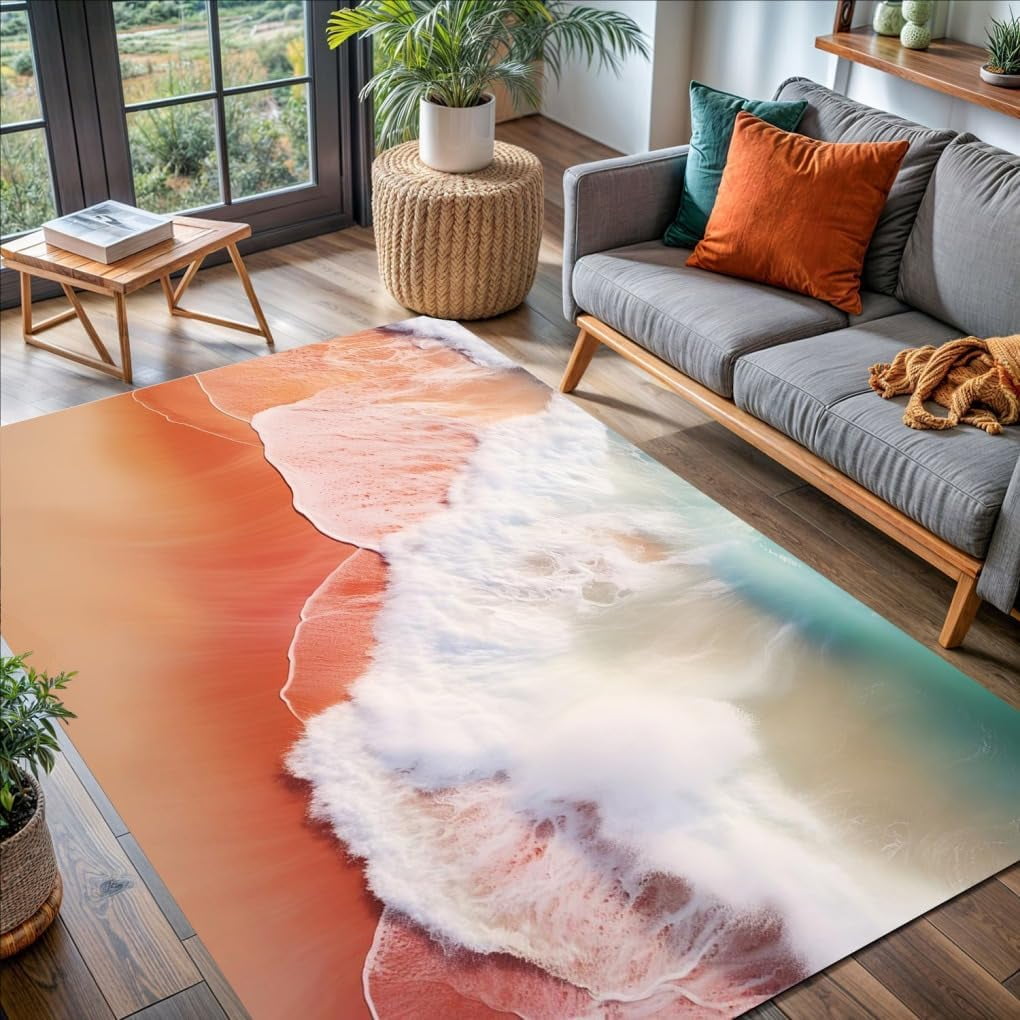 White Waves Orange Blue Ocean Beach Theme Area Rug For Livingroom ...