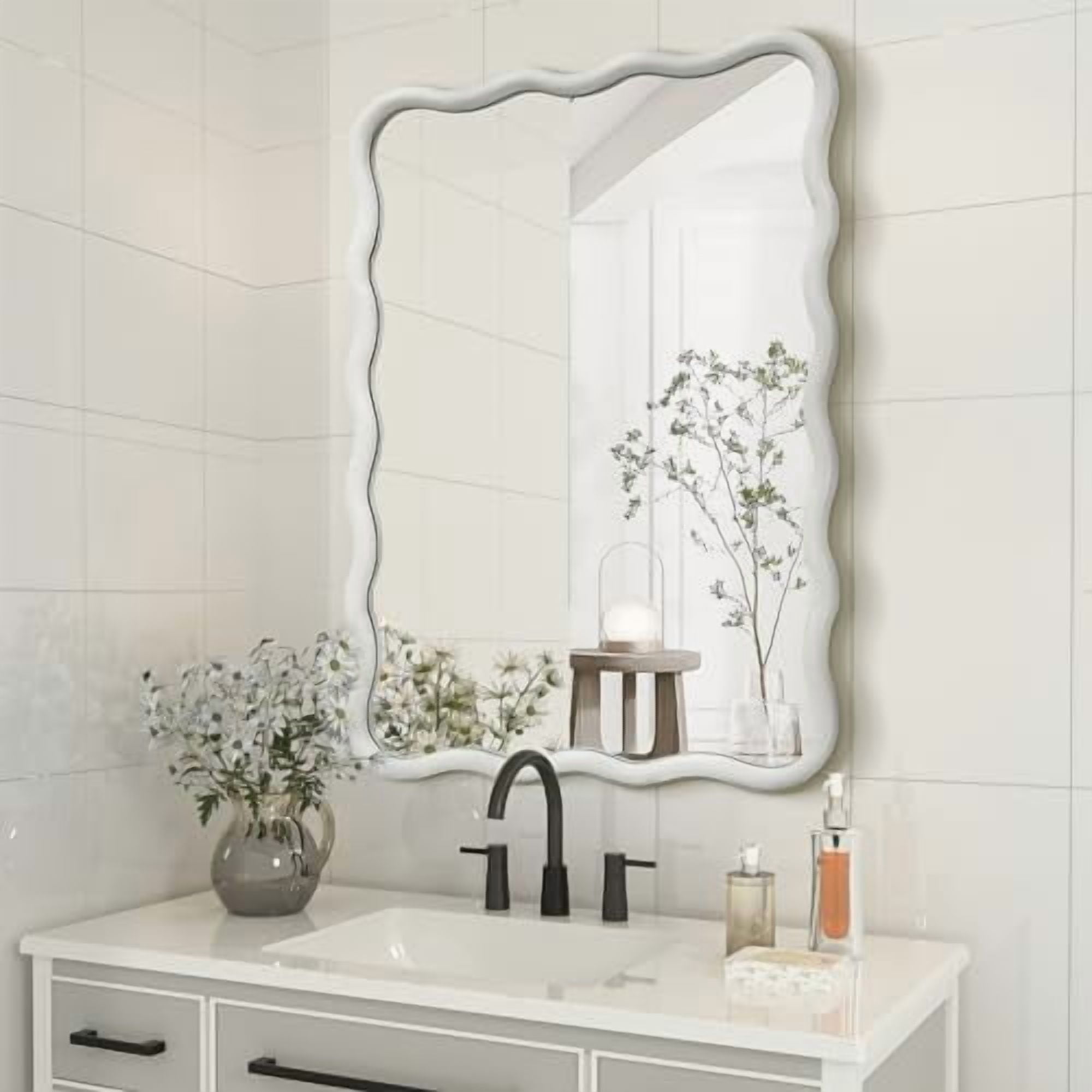 White Wavy Mirror Solid Wood- Squiggly Mirror Vanity Mirror Wall Decor ...