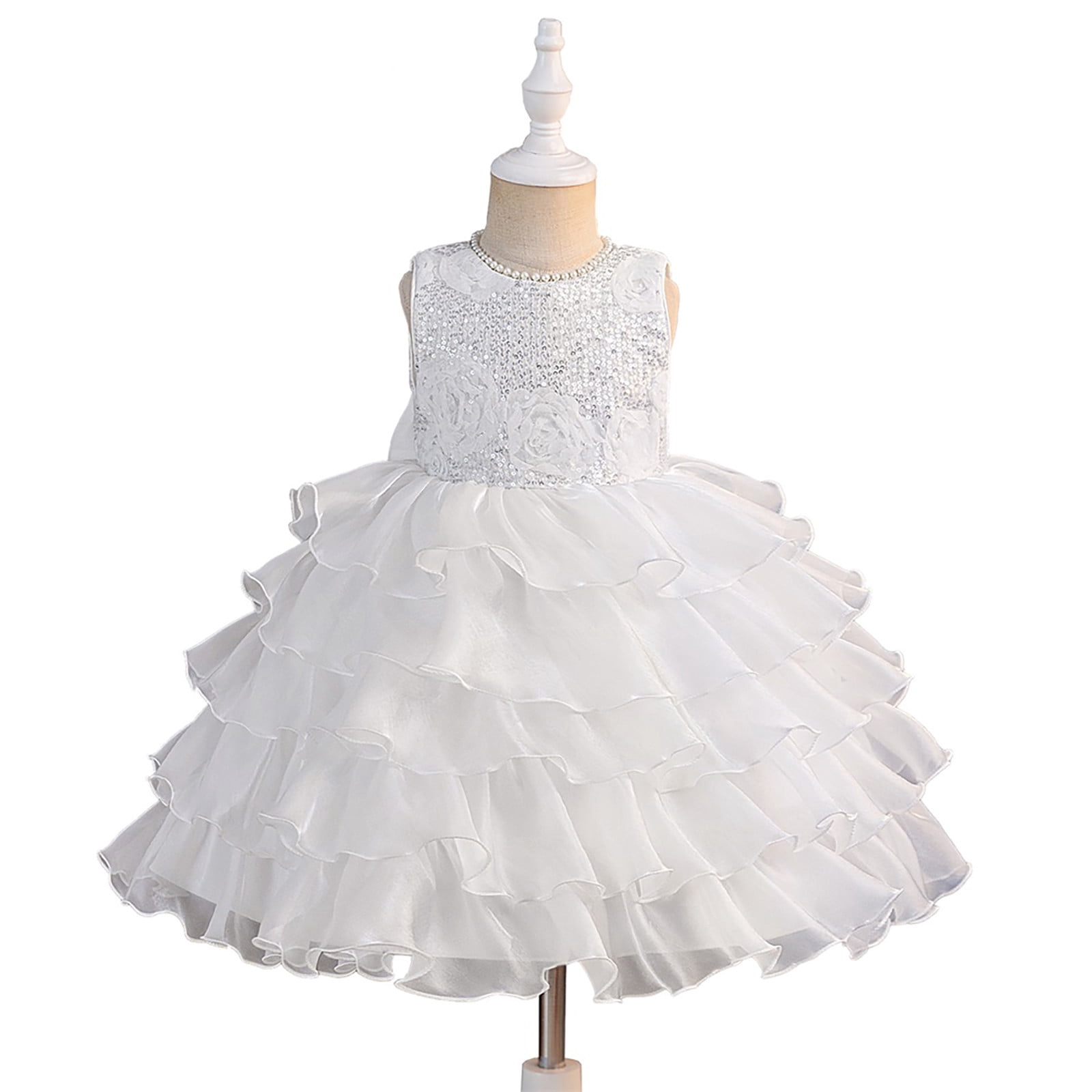 White Wedding Guest Dress Girls Bow Layered Lace Birthday Party Pageant ...