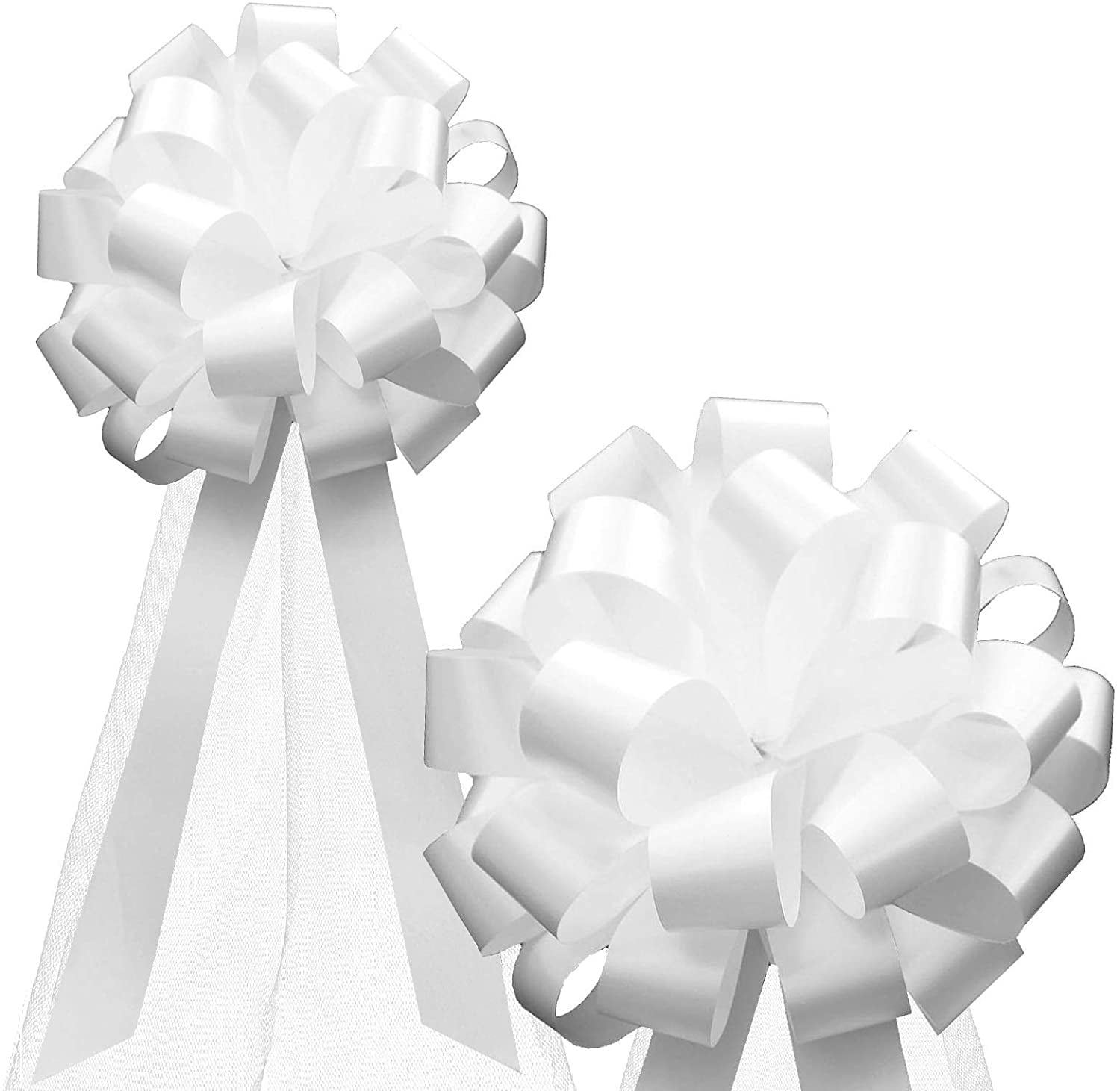 White Wedding Pull Bows with Tulle Tails - 8" Wide, Set of 6, Reception ...
