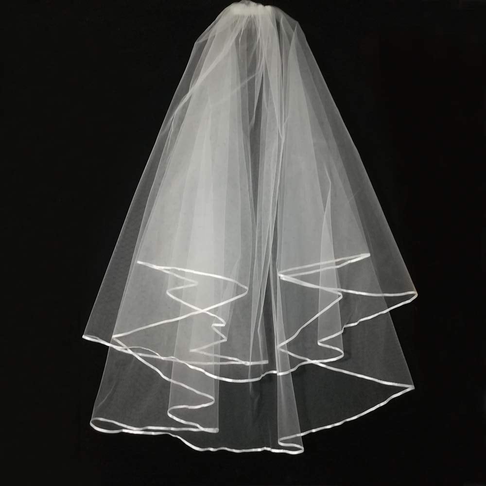 White Wedding Veil,2 Tier Ribbon Edge Center Cascade Bridal Veil with ...