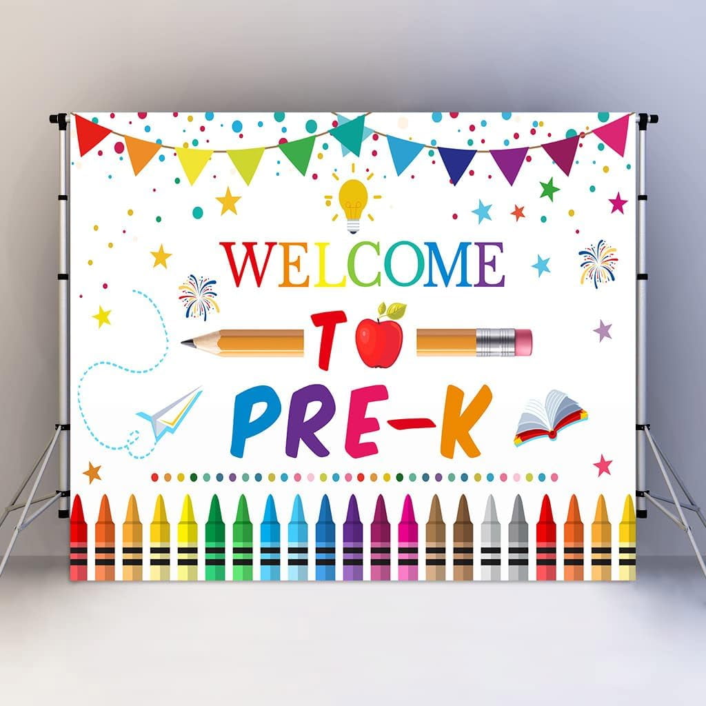White Welcome to Preschool Vibrant Photo Backdrop Crayons Books ...