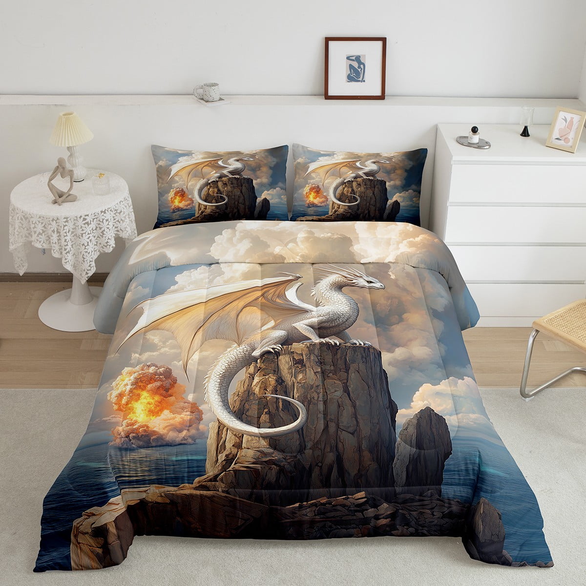 White Western Dragon Comforter Set Full Size,Gothic Animal Flying ...