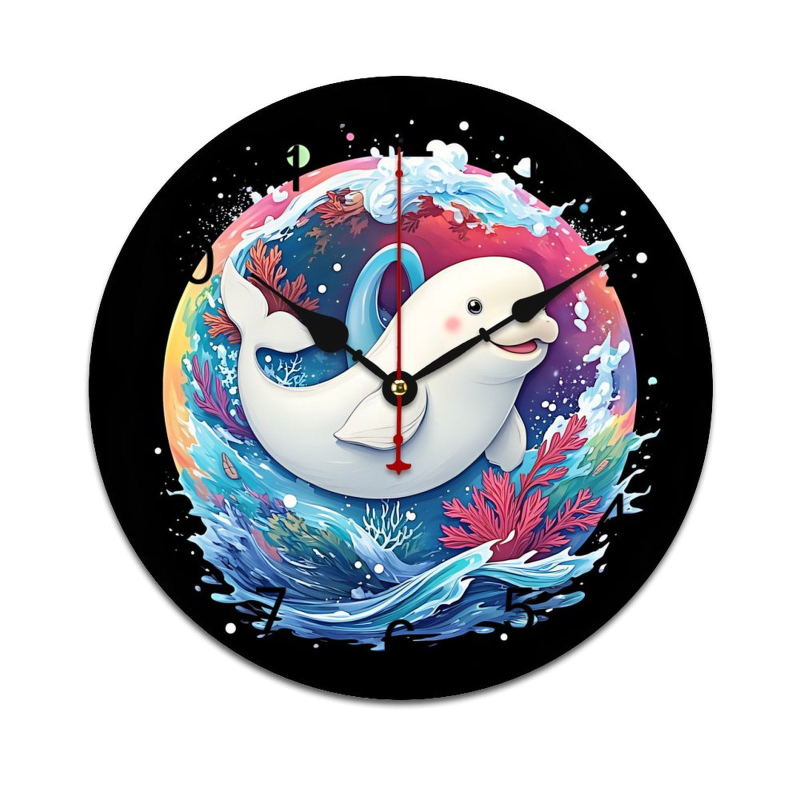 White Whale Colorful Coral Printed Silent Wall Clock Round Kitchen ...