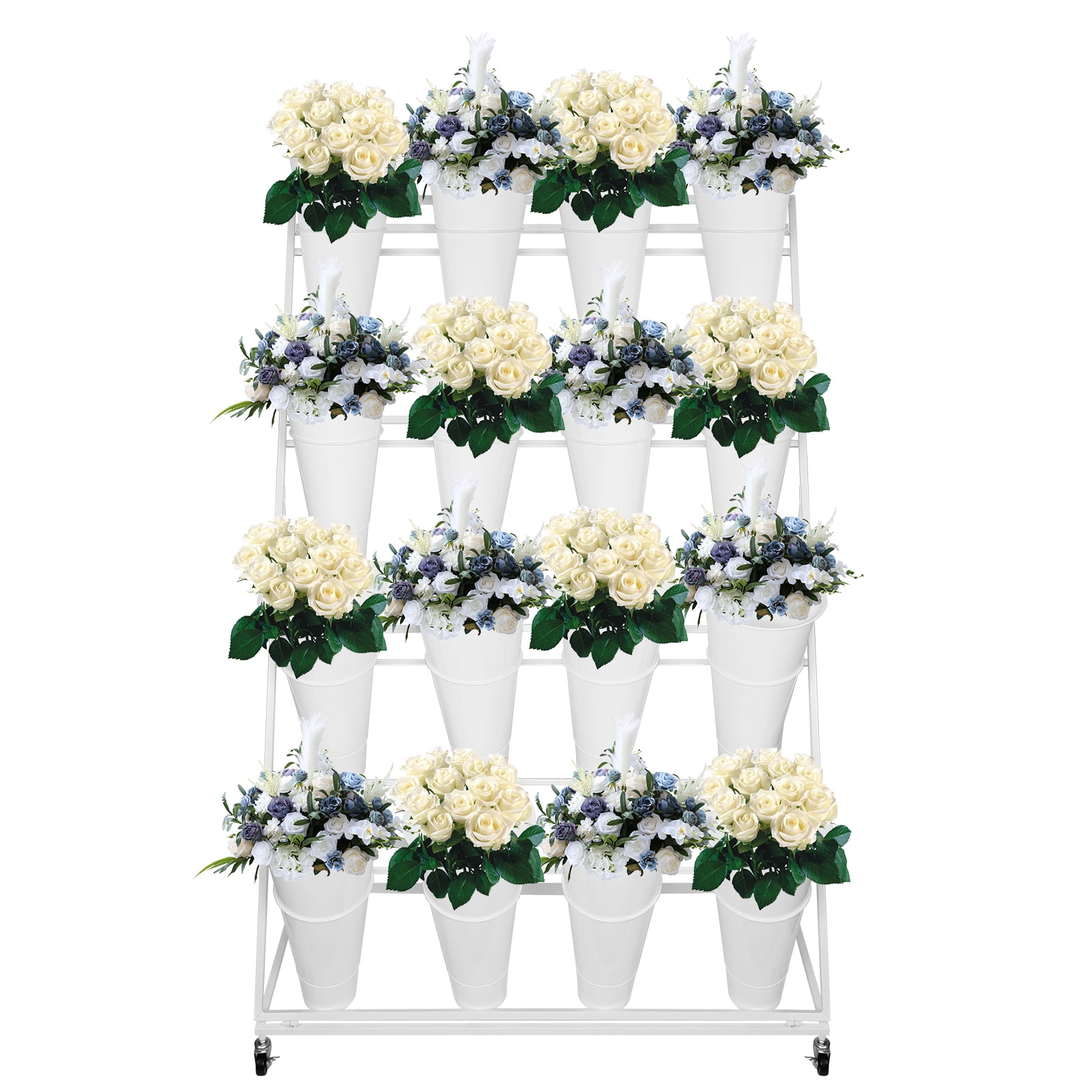 White Wheeled Iron Shelf Plant Stand, 8.7" Wide Round Openings, 4-Layer ...