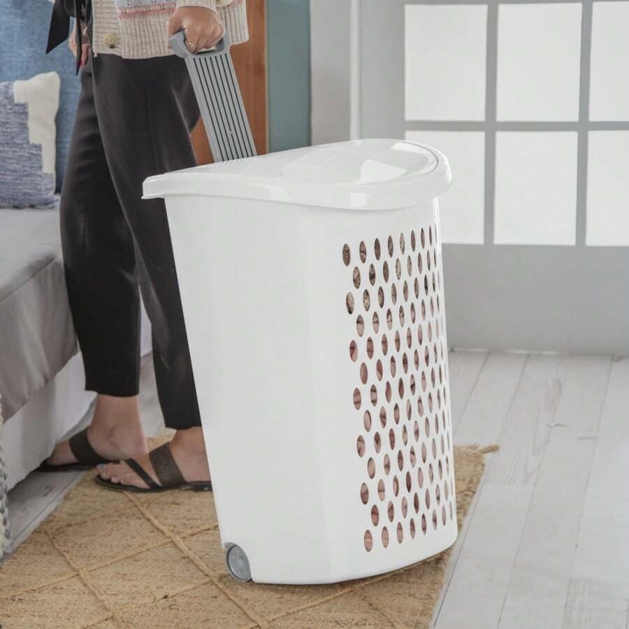 White Wheeled Laundry Hamper – 30-Gallon Flip-Top Hamper with Lid ...