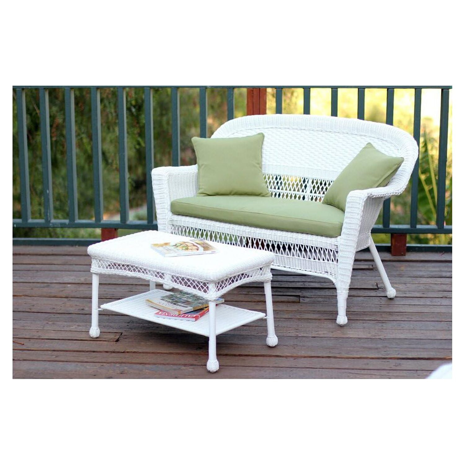 White Wicker Patio Love Seat and Coffee Table Set with Green Cushion ...