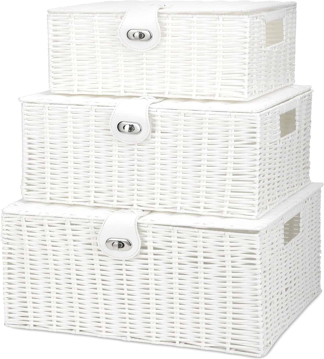 White Wicker Storage Baskets - Set of 3 Decorative Nesting Boxes with Lids, Woven Basket with ...